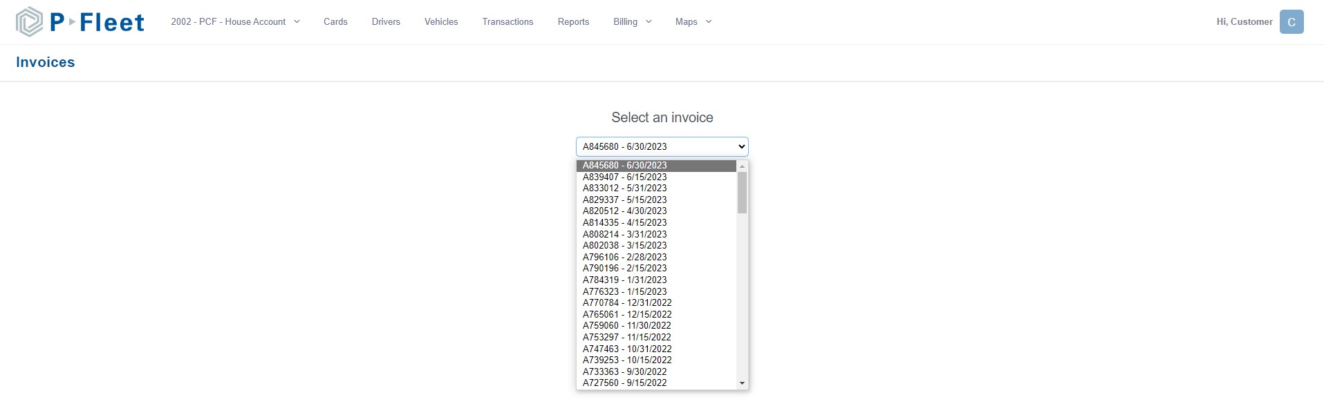 View/Download Invoices – Pfleet