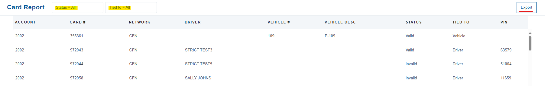View Card Report – Pfleet